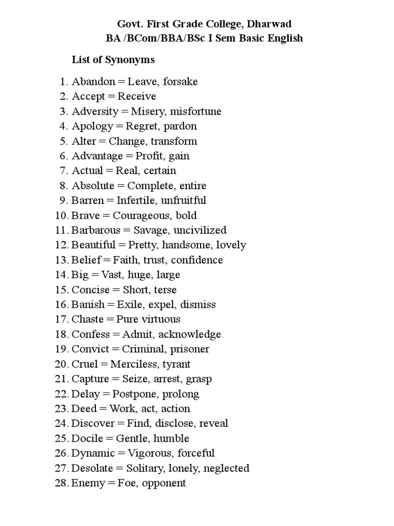 A Comprehensive List of Synonyms and Antonyms for First Year College ...