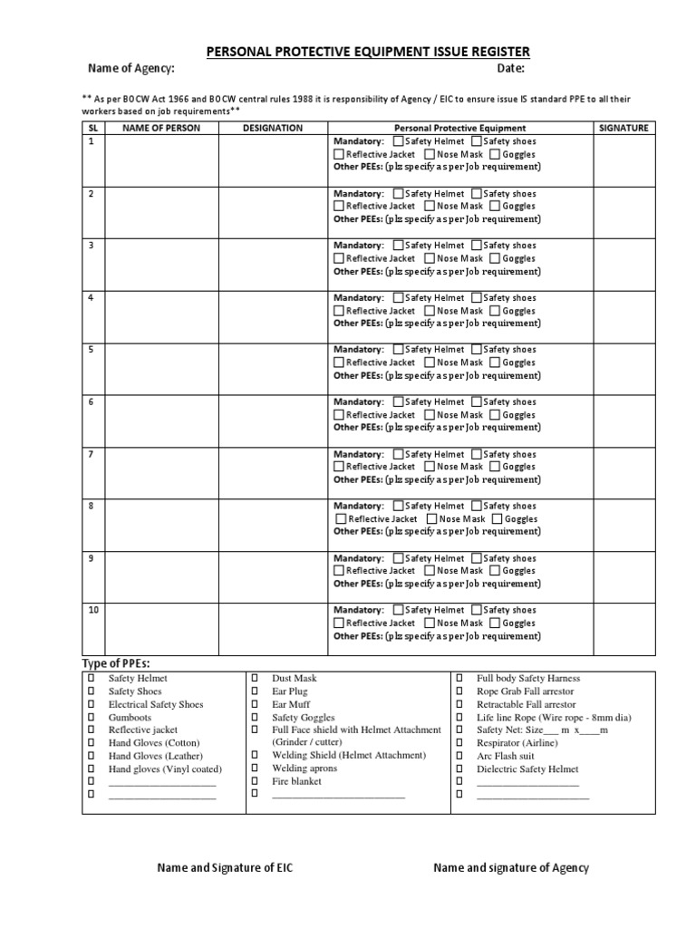 001 PPE Issue Register | PDF | Personal Protective Equipment | Sports Equipment