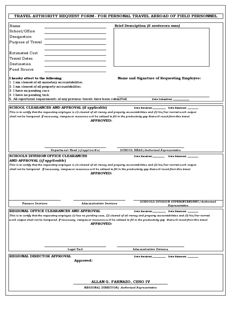 Travel Authority Request Form Template | PDF | Government | Business