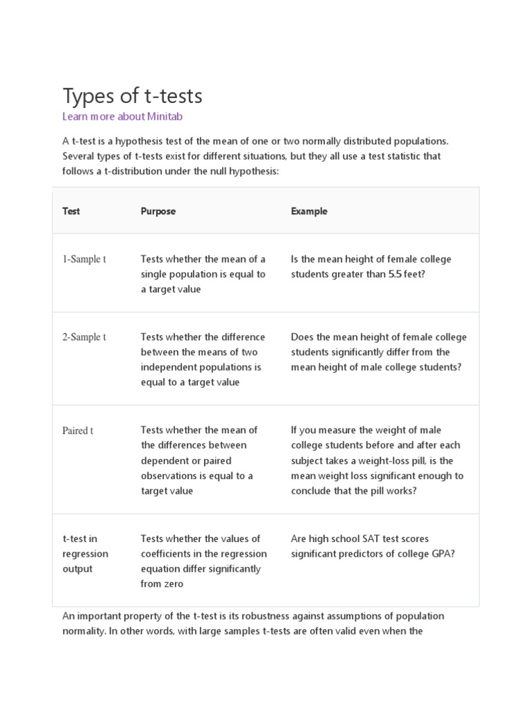 Types of T-Tests: Learn More About Minitab | PDF