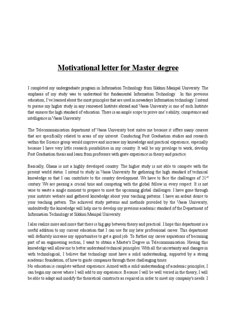 Motivational Letter For Master Degree | PDF | University | Postgraduate ...