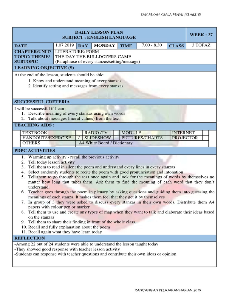 Daily Lesson Plan Subject: English Language WEEK: 27 Date Class Chapter ...