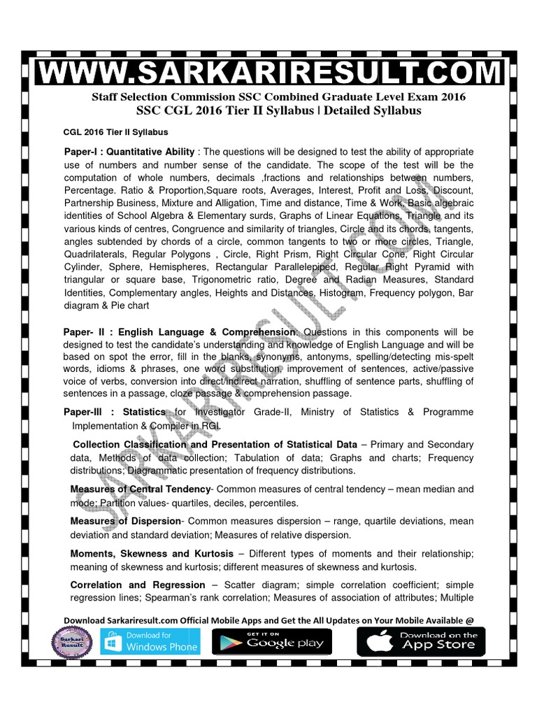 SSC CGL 2016 SSC CGL 2016 Tier II Syllabus - Detailed Syllabus Syllabus ...