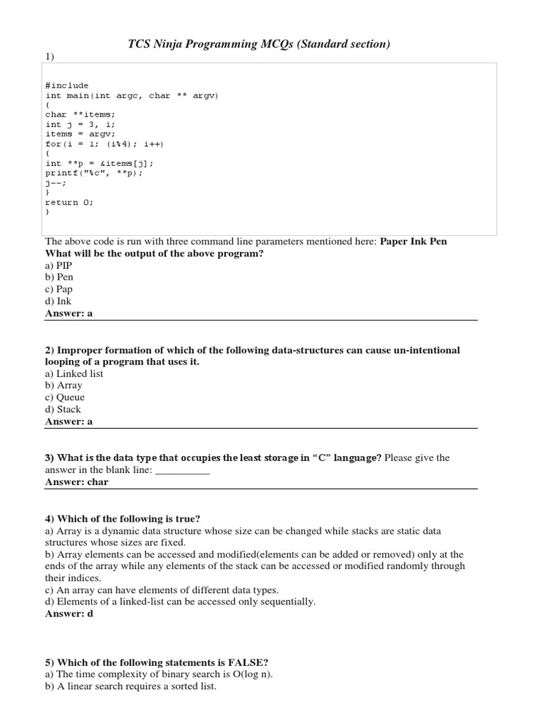 TCS Ninja Programming MCQs | Download Free PDF | Array Data Structure | C (Programming Language)