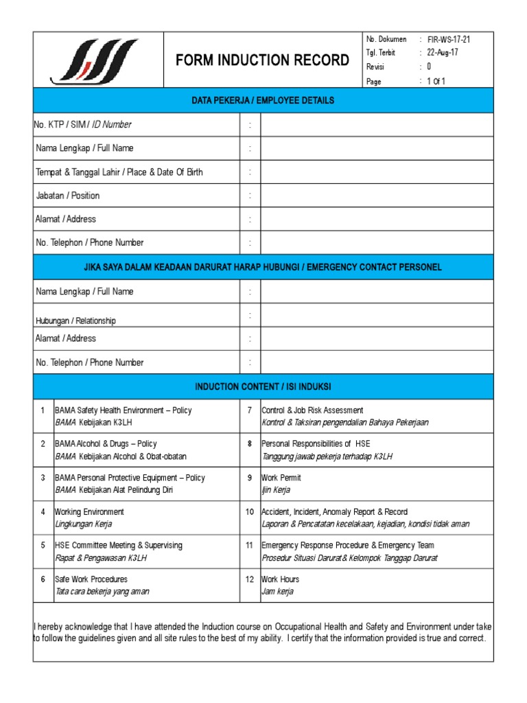 Form Induction Record: No. Dokumen: FIR-WS-17-21 Tgl. Terbit: 22-Aug-17 ...