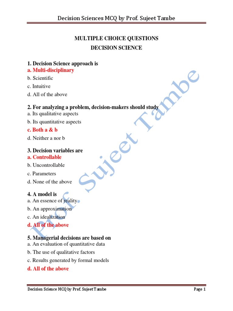 Decision Sciences MCQ by Prof. Sujeet Tambe: Multiple Choice Questions Decision Science | PDF ...