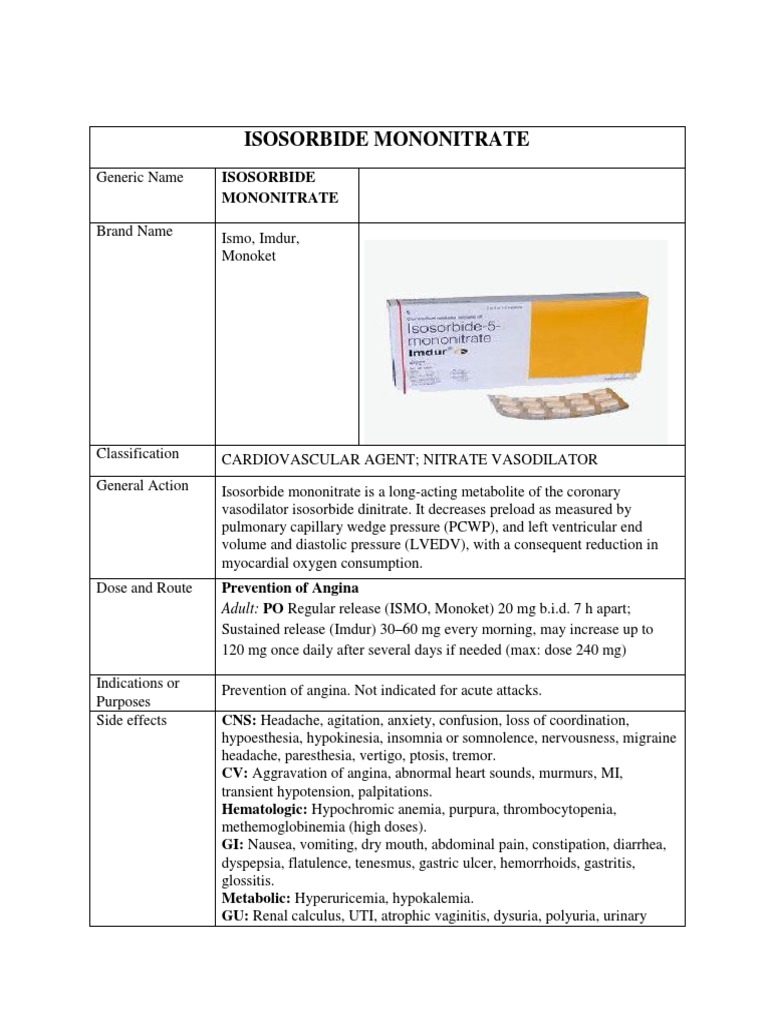 Isosorbide Mononitrate: Adult: PO Regular Release (ISMO, Monoket) 20 MG ...