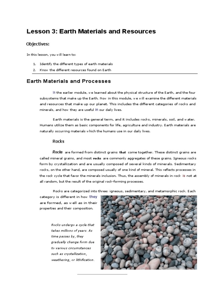 Lesson 3: Earth Materials and Resources | PDF | Rock (Geology) | Minerals