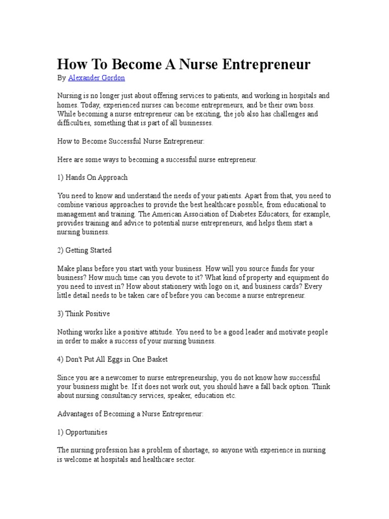 Nurse Entrep | PDF | Entrepreneurship | Nursing