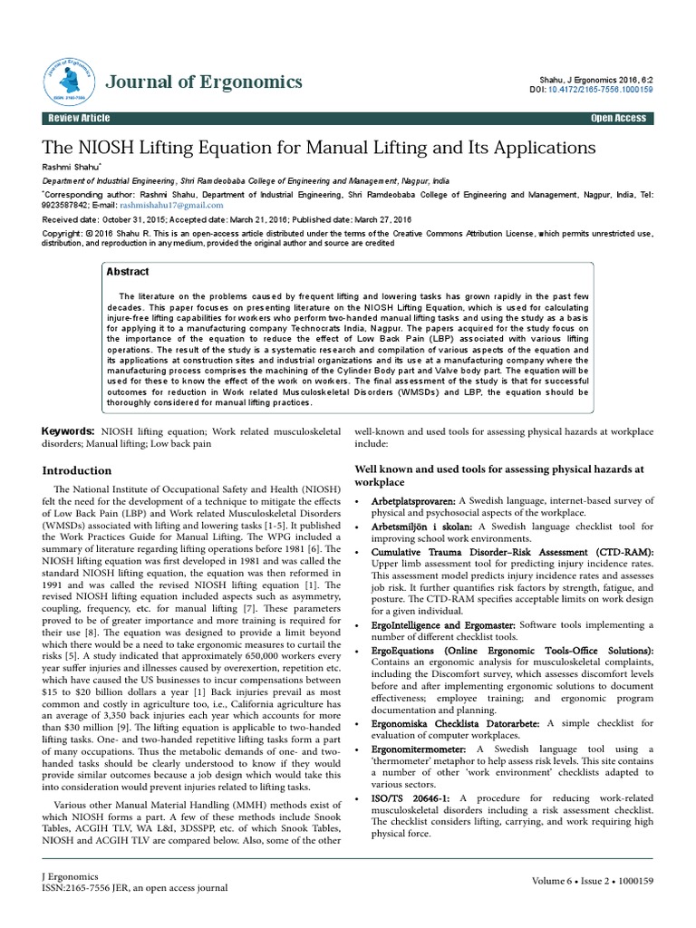 Lifting Equation For Manual Lifting | PDF | Human Factors And Ergonomics