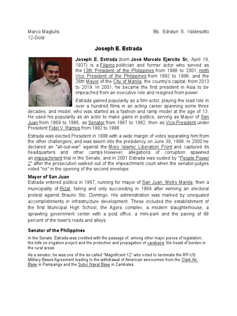 Joseph E. Estrada (Born José Marcelo Ejército Sr. April 19 | PDF ...