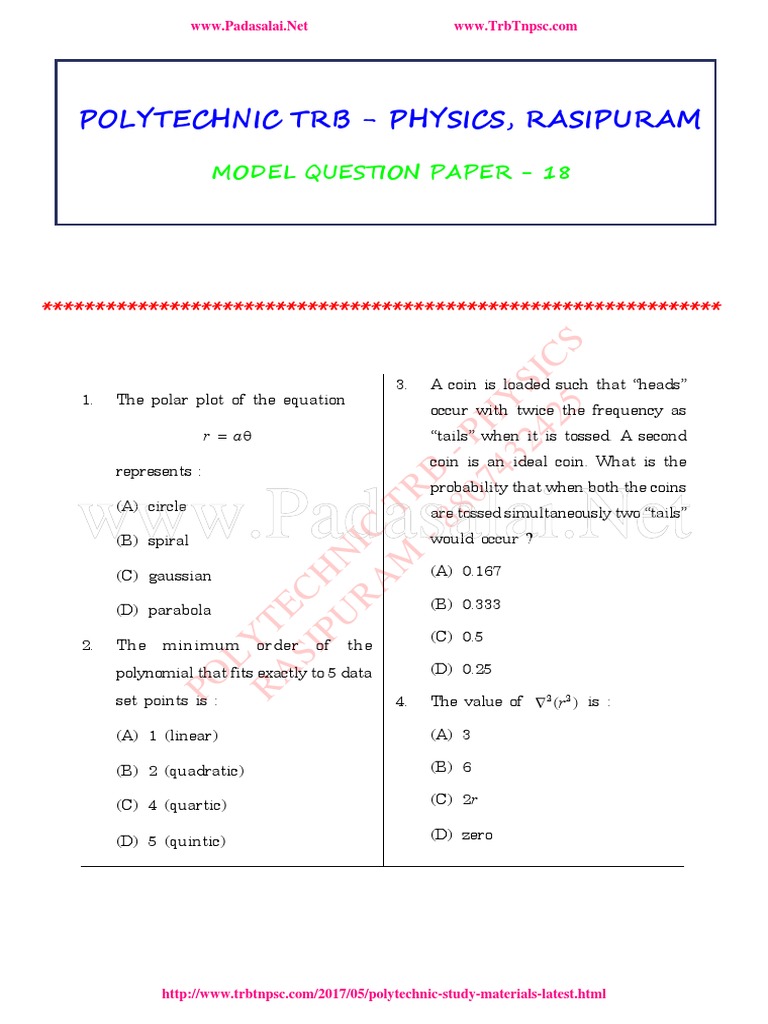 Polytechnic Physics PGTRB Model Question Paper 18 | PDF | Atomic ...