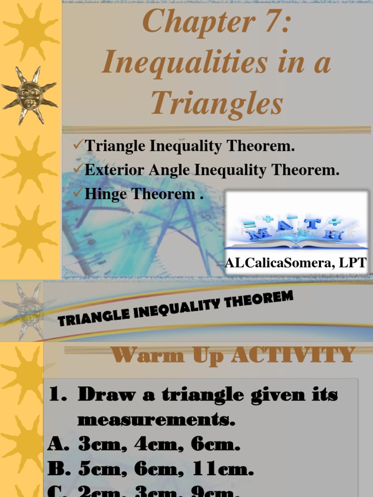 Triangle Inequality Theorem. Exterior Angle Inequality Theorem. Hinge Theorem | PDF | Triangle ...