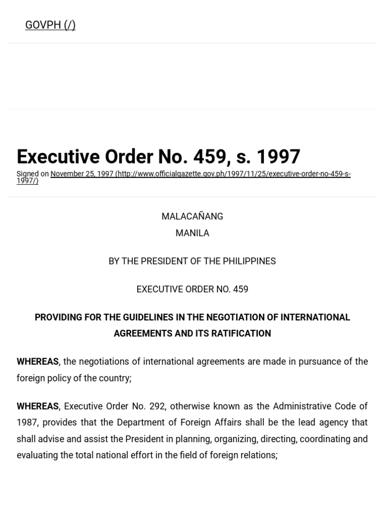 02 Executive Order No. 459, S 1997 | PDF | Treaty | President Of The ...