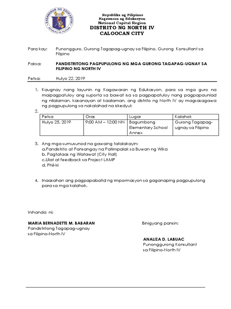 Memo Filipino District Meeting | PDF