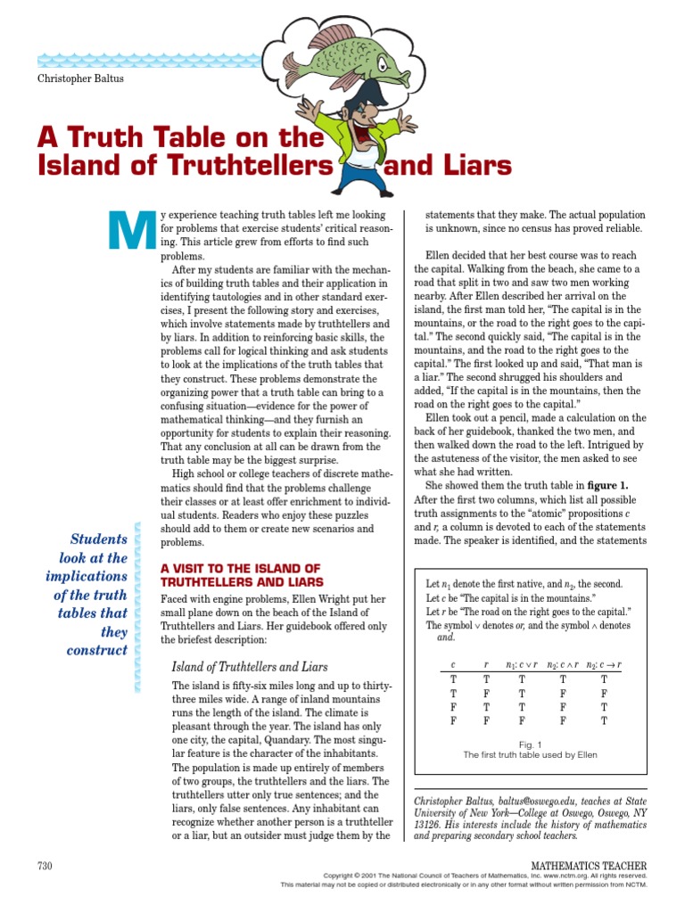A Truth Table On The Island of Truthtellers and Liars | PDF | Logic ...