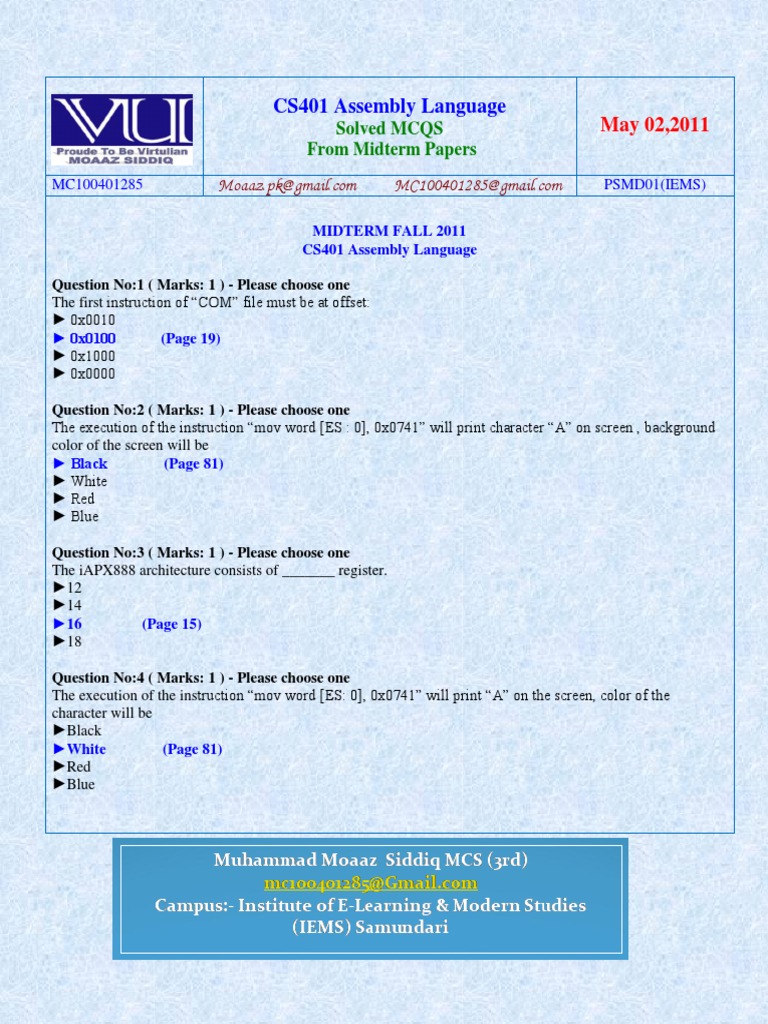 Cs401 Assembly Language Solved Mcqs From Midterm Papers Pdf 