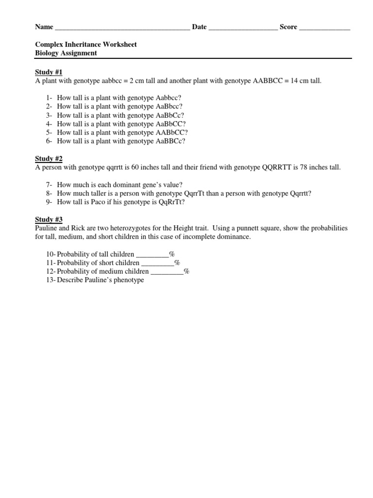 Name - Date - Score - Complex Inheritance Worksheet Biology Assignment ...