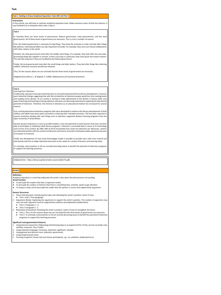 Task 1: Getting To Know Analytical Exposition Texts (M1 LA3 Part 1) Instructions | PDF ...