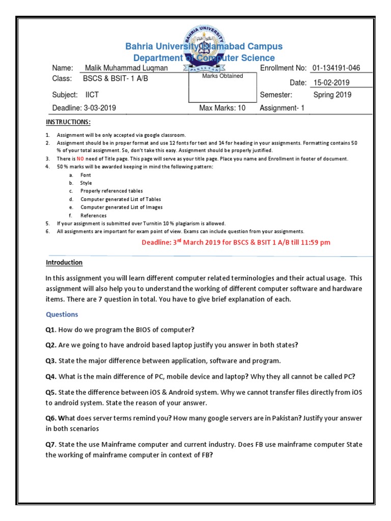 Malik Luqman - Assignment 1 ICT BSCS 1 - B (01-134191-046) PDF | PDF | Personal Computers | Ios