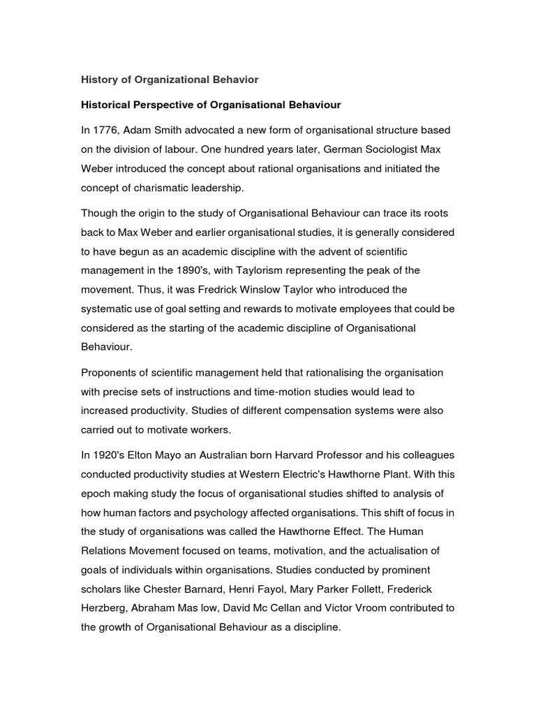 A Comprehensive History of the Development of Organizational Behavior ...
