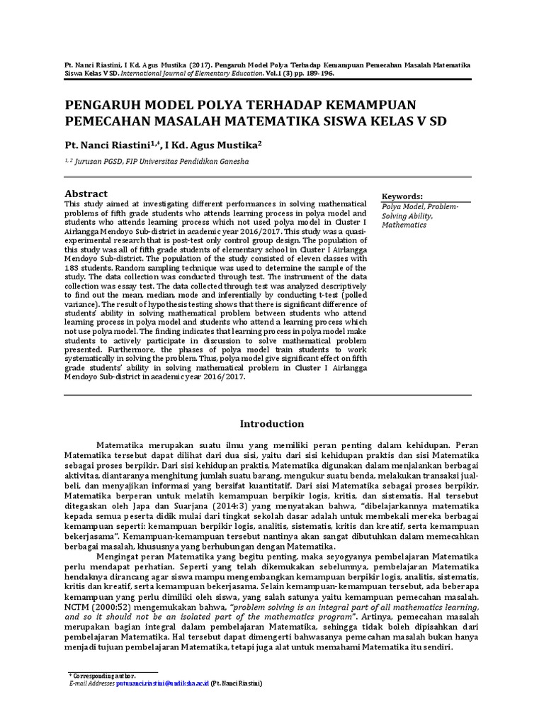 Pengaruh Model Polya Terhadap Kemampuan Pemecahan Masalah Matematika ...