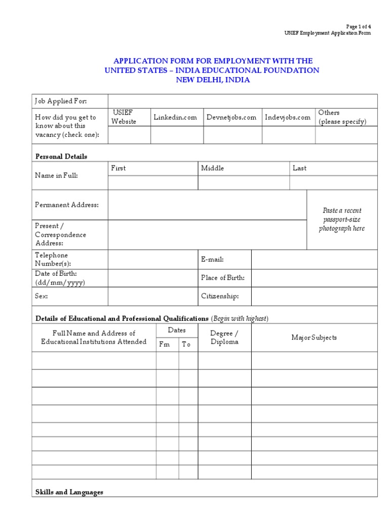 Application Form For Employment With The United States - India ...