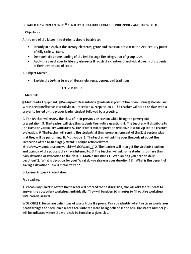 Detailed Lesson Plan in 21st Century Literature From The Philippines ...