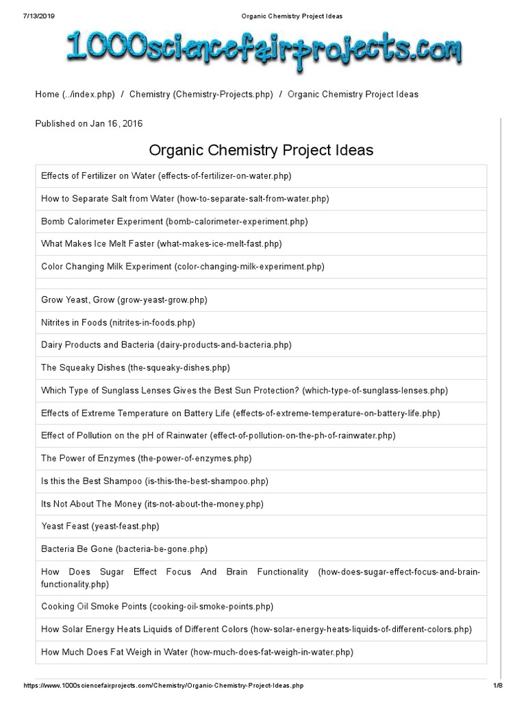 Organic Chemistry Project Ideas | PDF | Hydrogen | Water