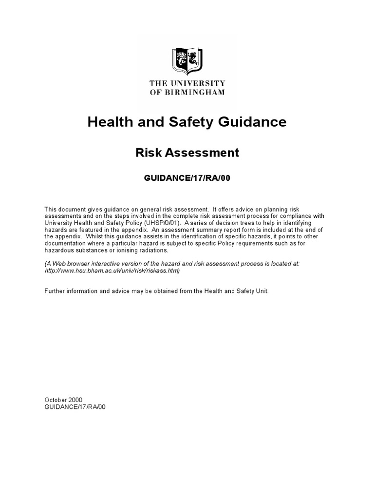 Health and Safety Guidance: Risk Assessment | PDF | Risk Assessment ...