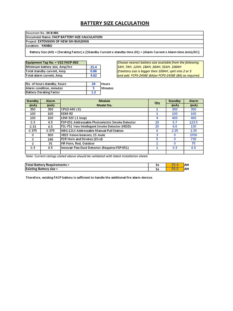 FACP Battery Calculation | Safety | Equipment