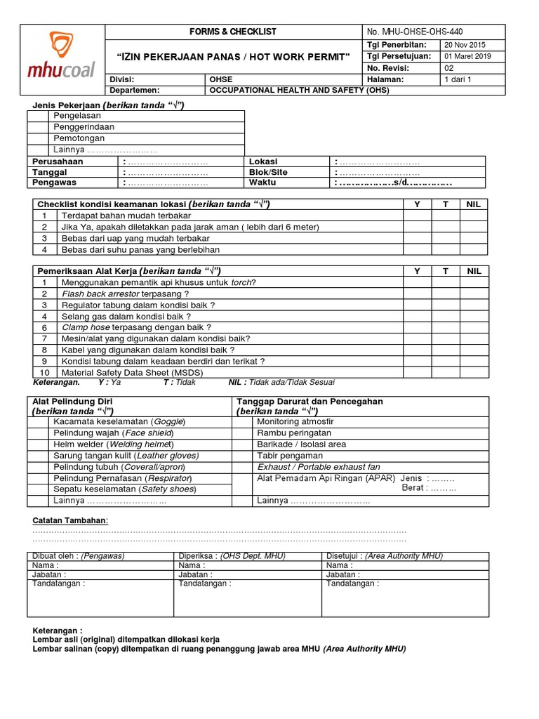 MHU-OHSE-OHS-440 - Izin Kerja Panas (Hot Work Permit) Rev - 02 | PDF