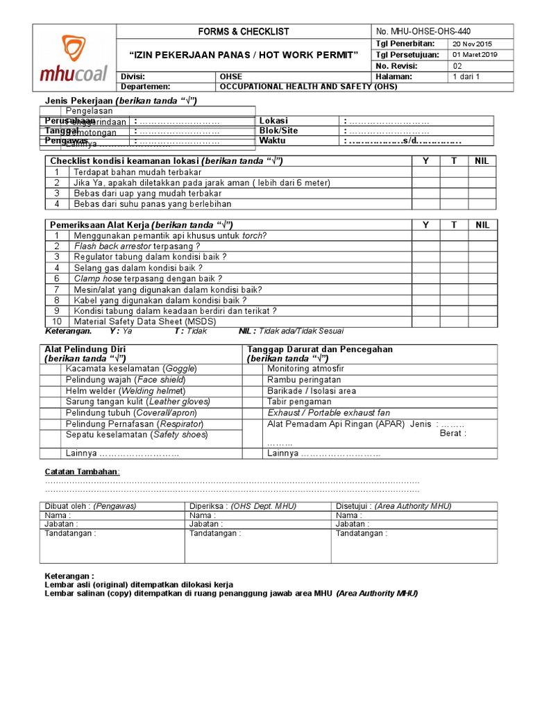 MHU-OHSE-OHS-440 - Izin Kerja Panas (Hot Work Permit) Rev - 02 | PDF