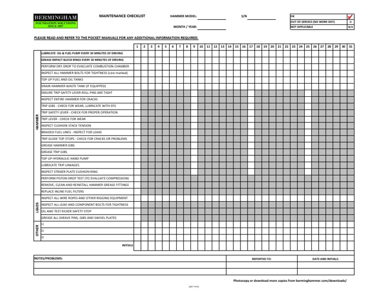 QMF-79-RA Hammer Maintenance Checklists | PDF | Mechanical Engineering ...