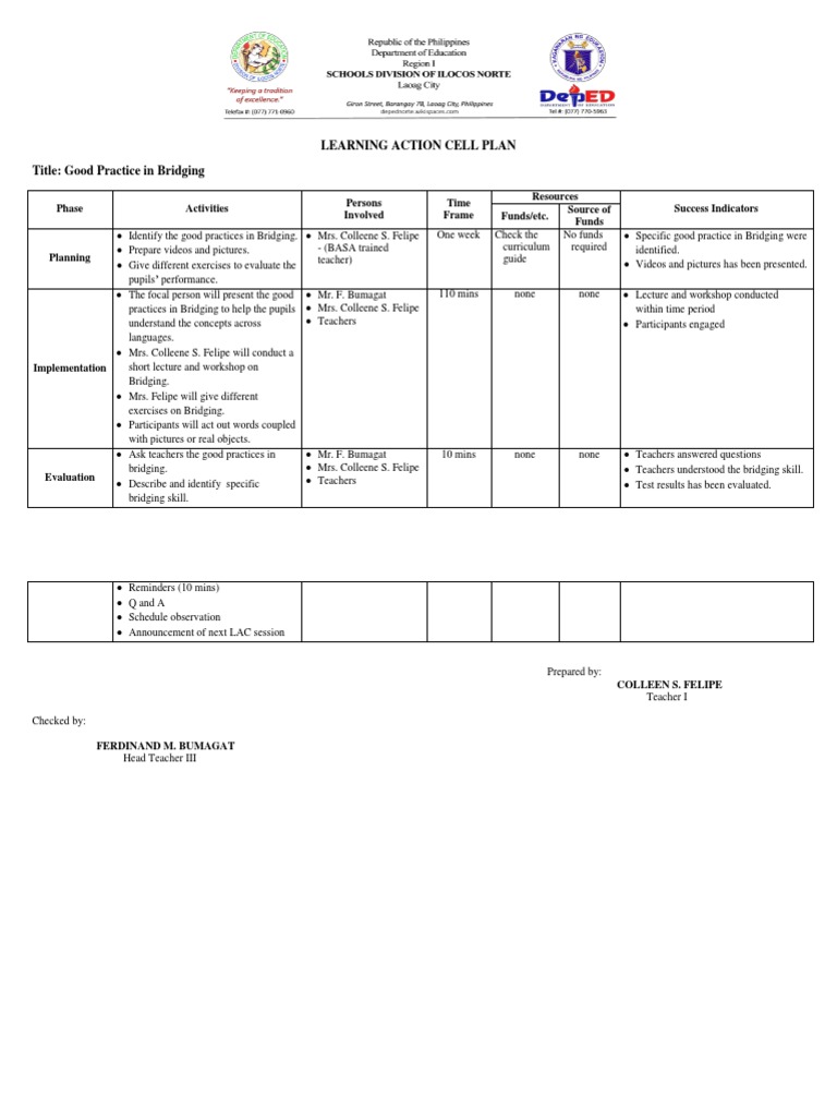Learning Action Cell Plan Title: Good Practice in Bridging | PDF ...