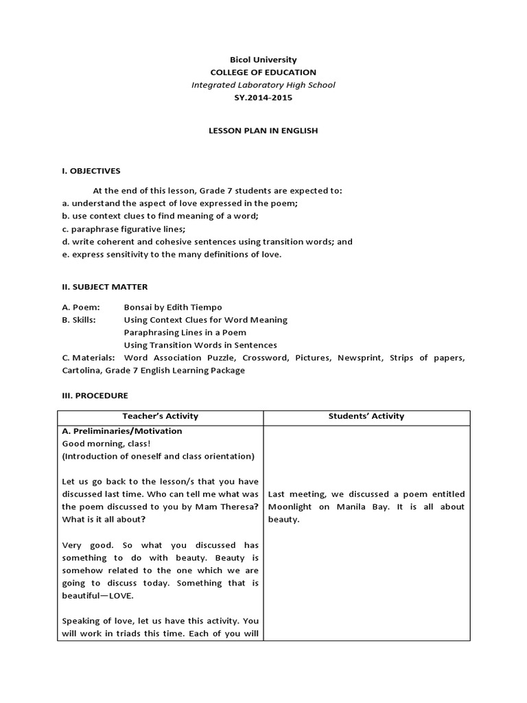 Lesson Plan g7 | PDF | Paragraph | Love