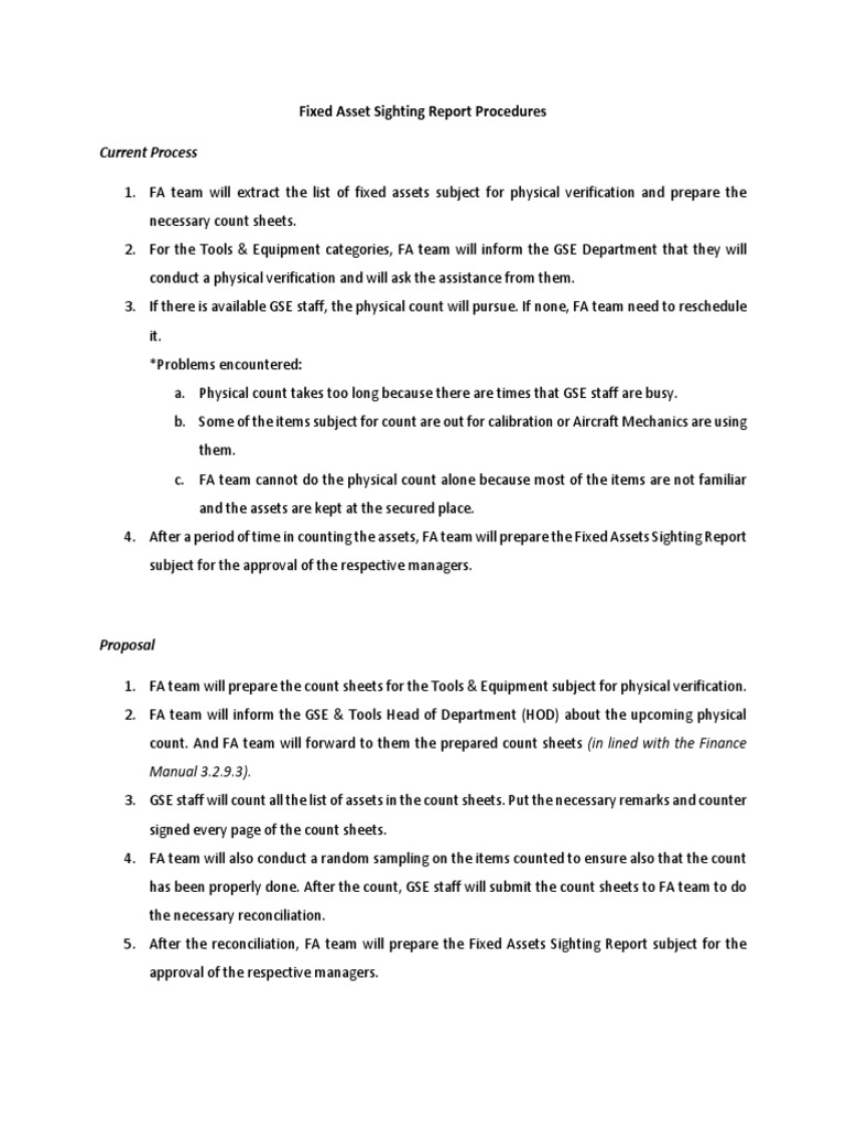 Current Process: Fixed Asset Sighting Report Procedures | Download Free ...