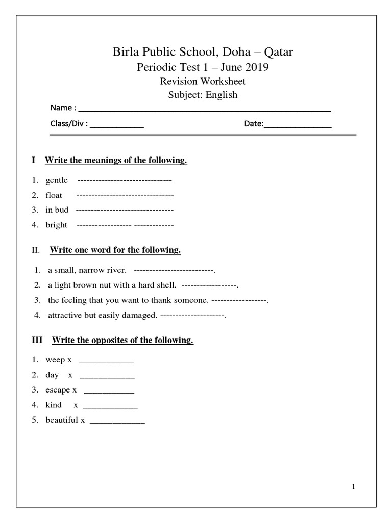 English Revision Worksheet 1 | PDF