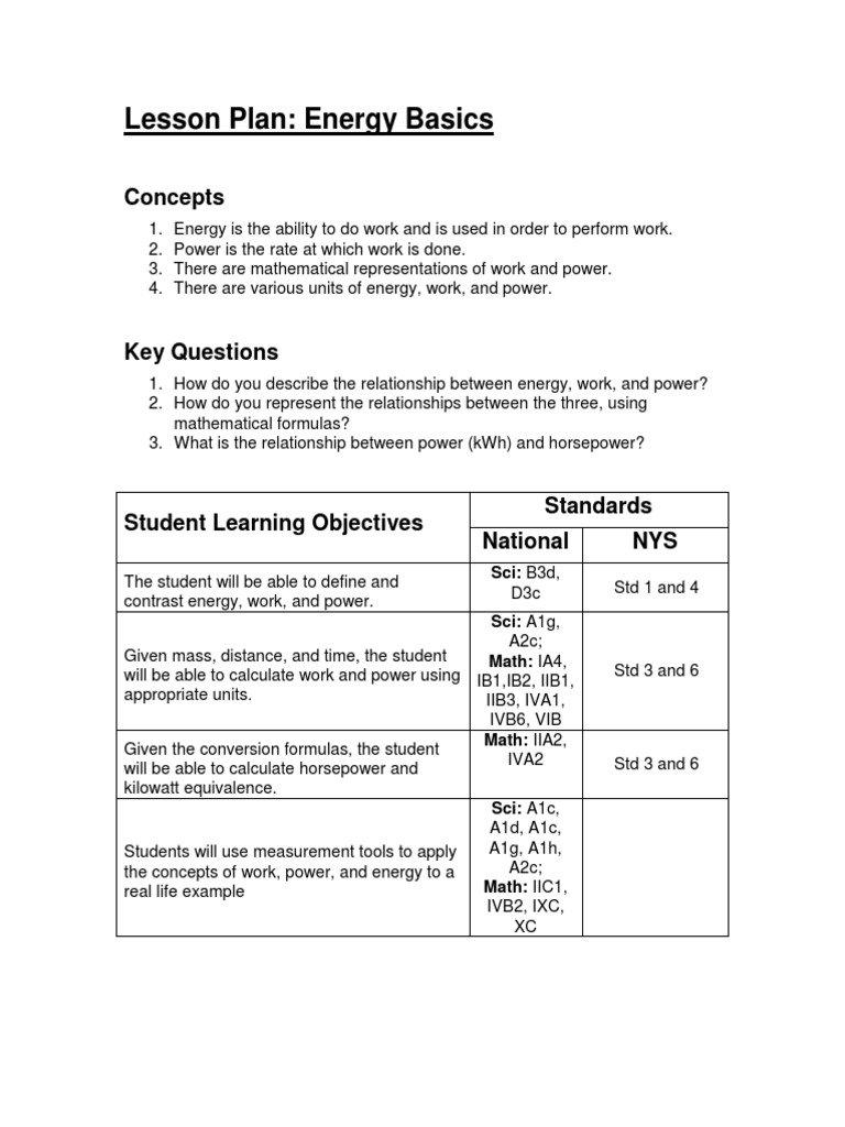 Energy Basics Lesson Plan | PDF | Watt | Power (Physics)