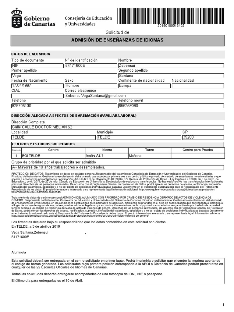 Solicitud Admisión Idiomas EOI Telde | PDF | Privacidad de la información | Unión Europea