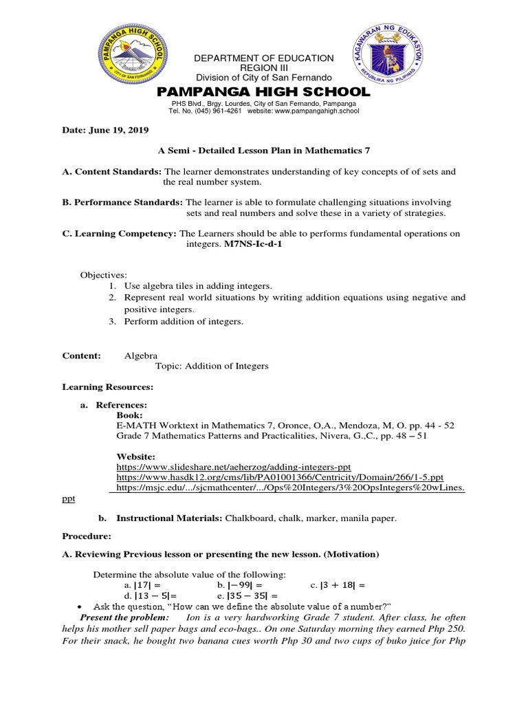 1st COT Adding Integers Efraime | PDF | Algebra | Numbers