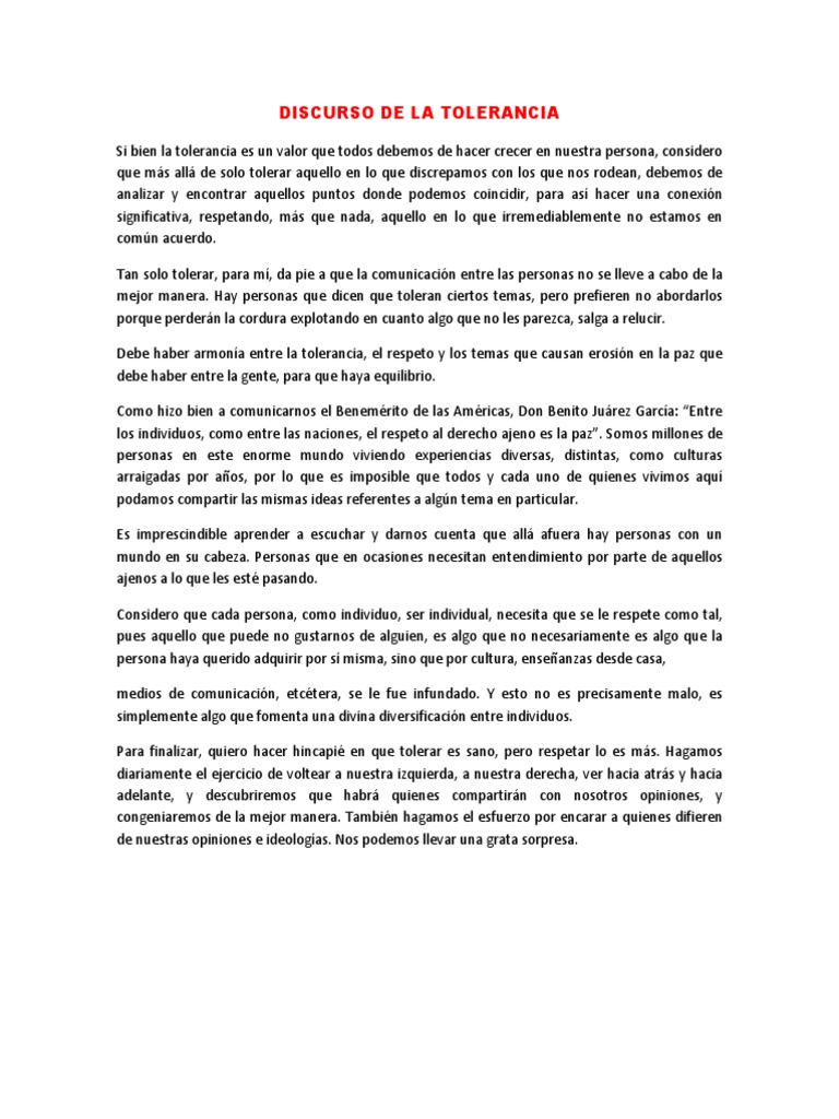 Discurso de La Tolerancia | PDF | Ciencias sociales | Relaciones personales, crianza y ...