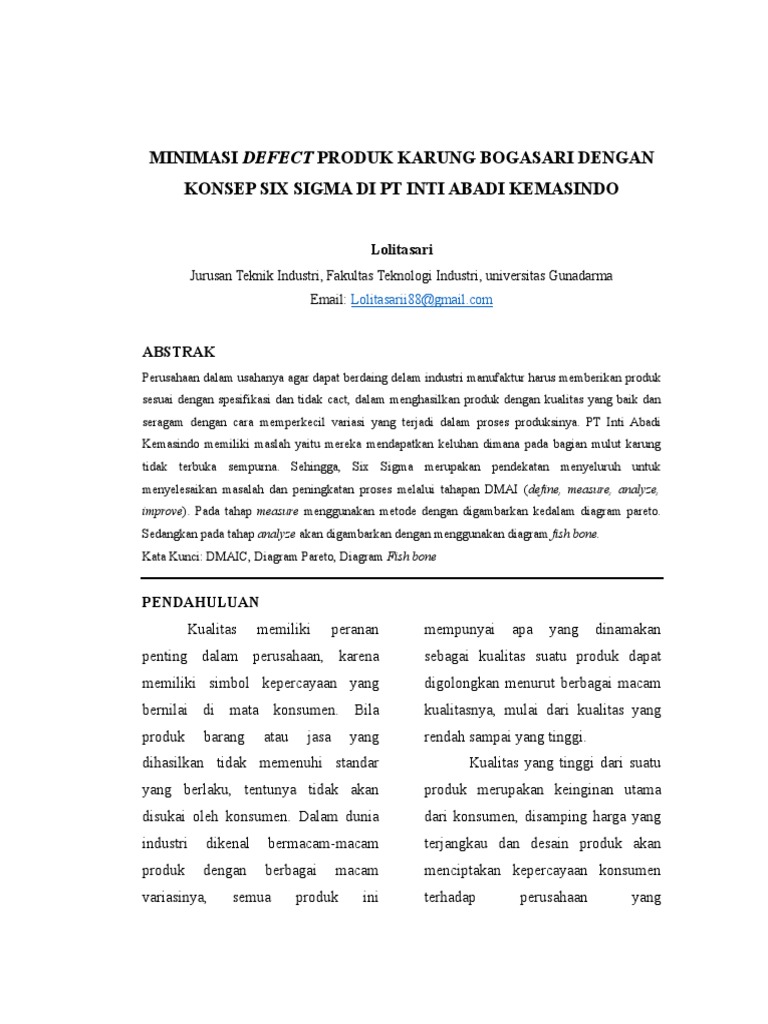 Minimasi Defect Produk Karung Bogasari Dengan Konsep Six Sigma Di PT ...
