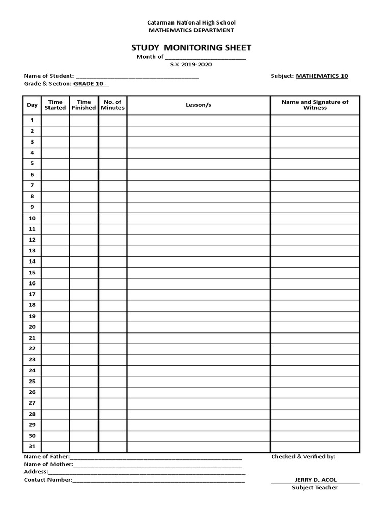 Study Monitoring Sheet: Mathematics Department | PDF | Learning | Behavior Modification