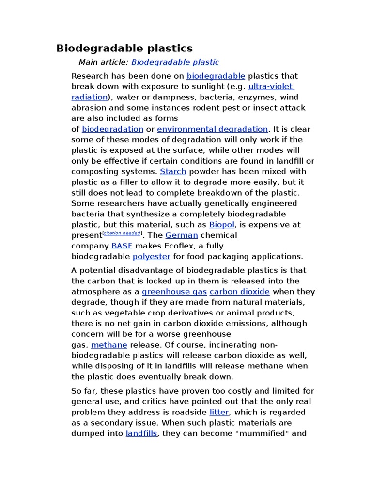 Biodegradable Plastics: Biodegradable Ultra-Violet Radiation | PDF | Biodegradation | Plastic
