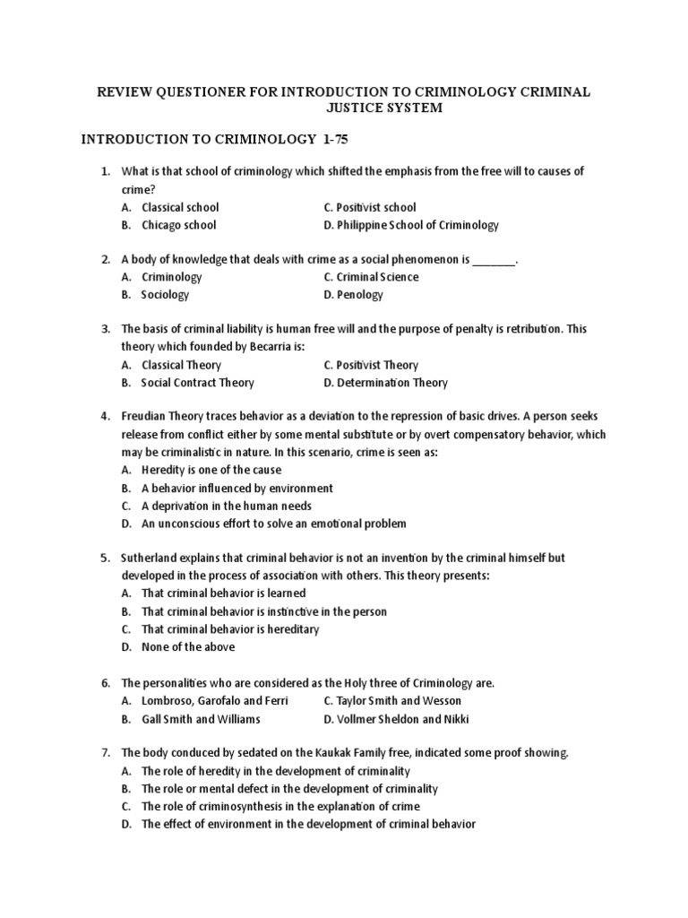 Review Questioner For Introduction To Criminology Criminal Justice ...