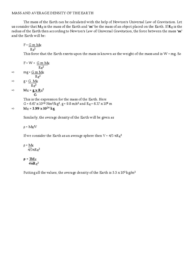Mass and Average Density of The Earth | PDF | Mass | Density