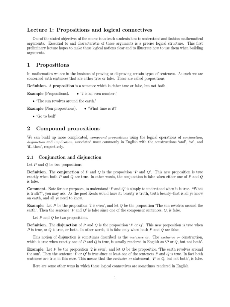 Lecture 1: Propositions and Logical Connectives | PDF | Function (Mathematics) | Set (Mathematics)