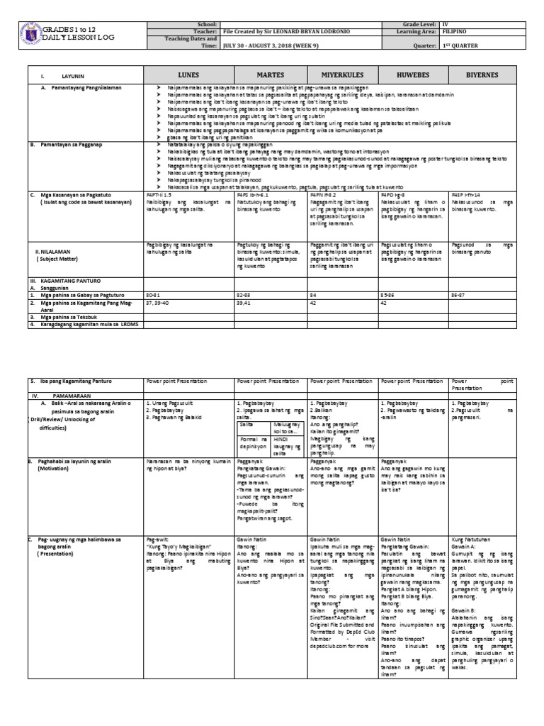 DLL - Filipino 4 - Q1 - W9 | PDF