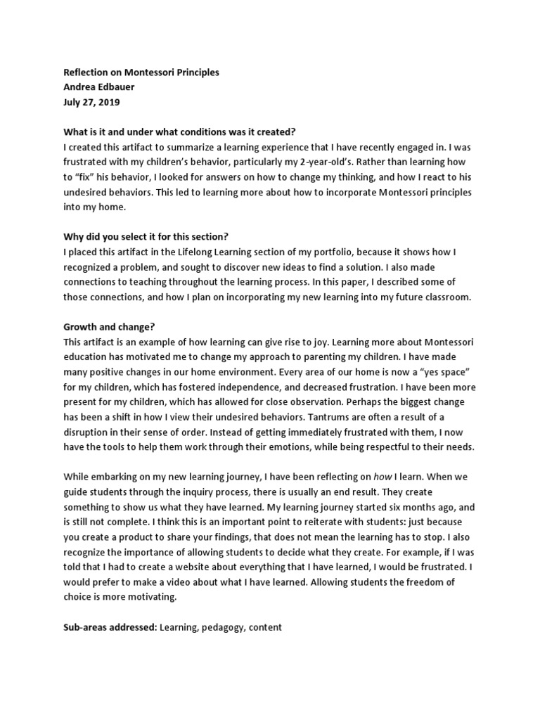 Reflection On Montessori Principles | PDF | Montessori Education ...